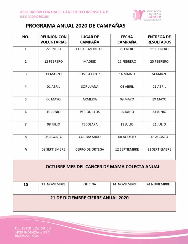 Programa anual de Campañas – Tecomán contra el Cáncer